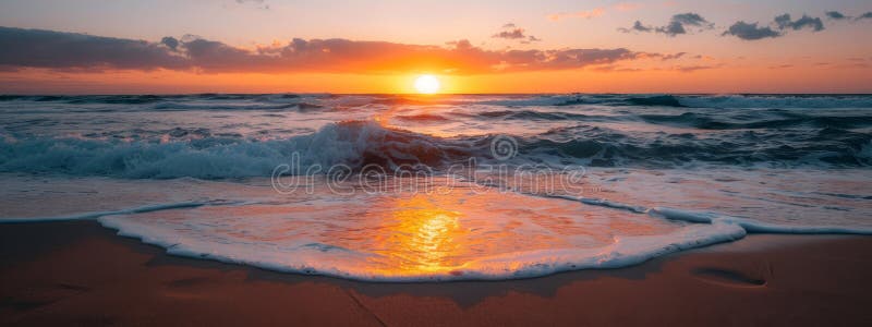 The Sun Sets Over the Ocean, Waves Crash Ashore, Reflecting Sunlight ...