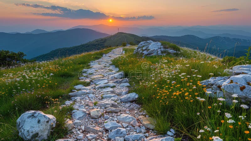The Sun Sets Over Rocky Path Stock Photo - Image of sunlight, nature ...