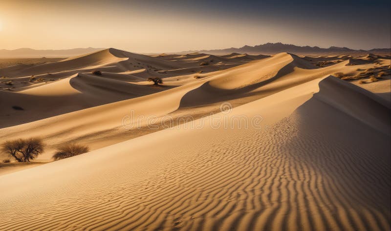 The Sun Sets Over the Rolling Sand Dunes of a Desert Landscape Stock ...