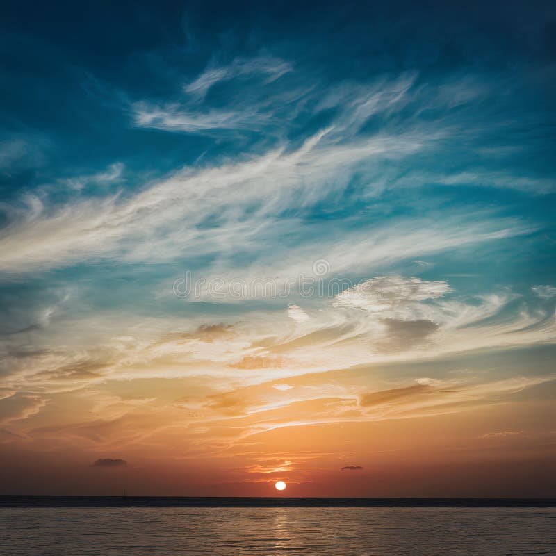 Sun Sets Over a Tranquil Blue Sky Dotted with Wispy Clouds Stock ...