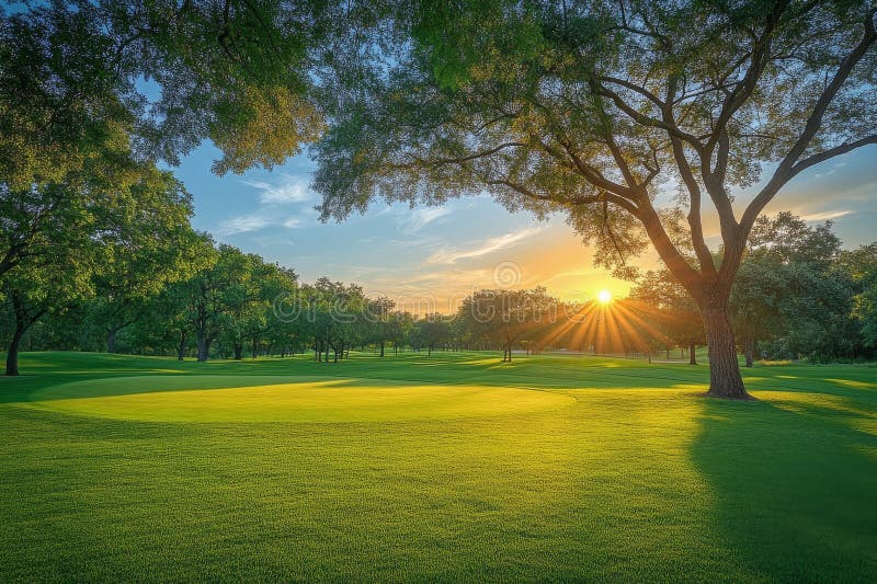 A Serene Golf Course at Sunset with Lush Greens and Trees Under a ...
