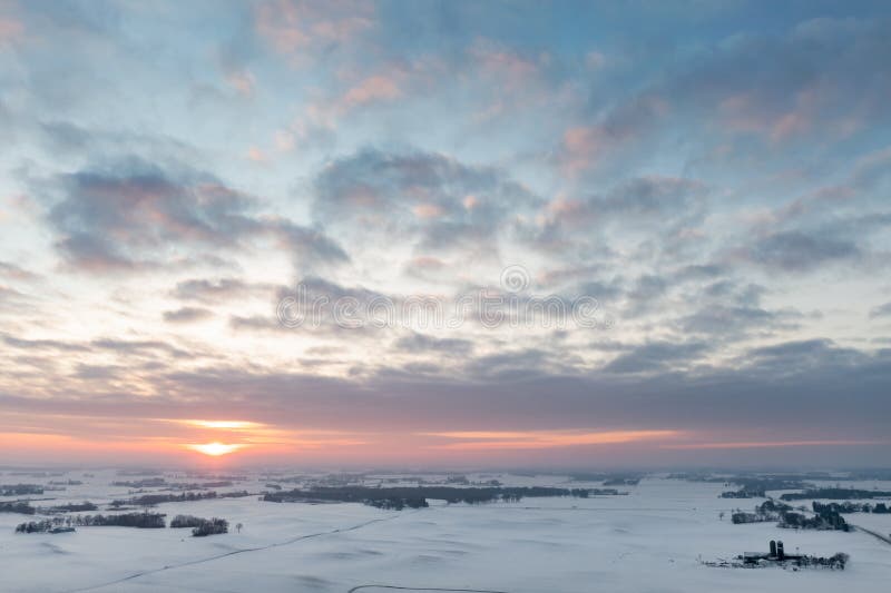 Sun Sets Over Winter Farms and Fields Stock Photo - Image of fields ...