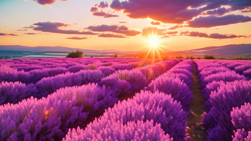 The Sun Sets in a Radiant Display of Colors Over a Field of Fragrant ...