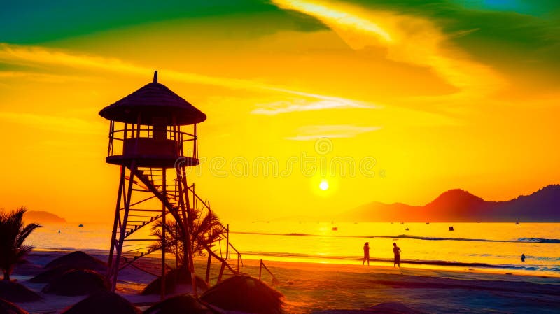 The Sun is Setting on the Beach with Lifeguard Tower in the Foreground ...