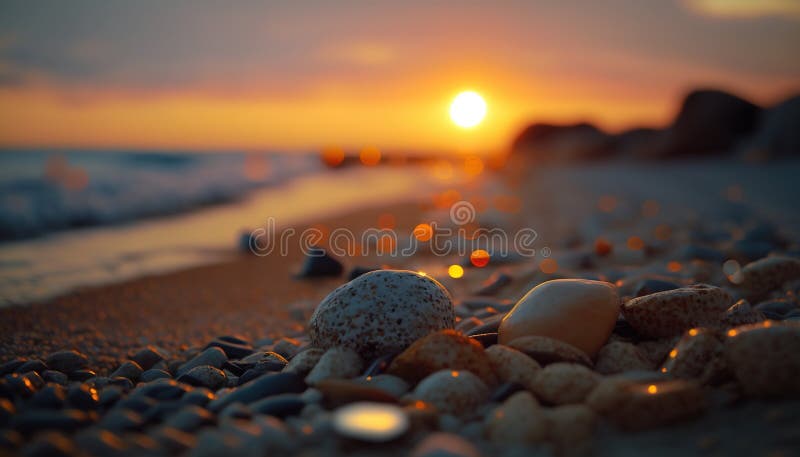 The Sun is Setting on the Beach with Rocks and Pebbles on the Sand and ...