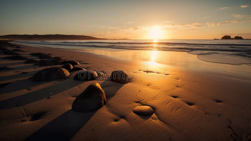 The Sun is Setting on the Beach with Rocks in the Sand. AI Generative ...