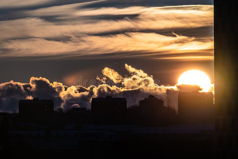 Sun Setting Behind Apartment Buildings.. Stock Photo - Image of sunrise ...