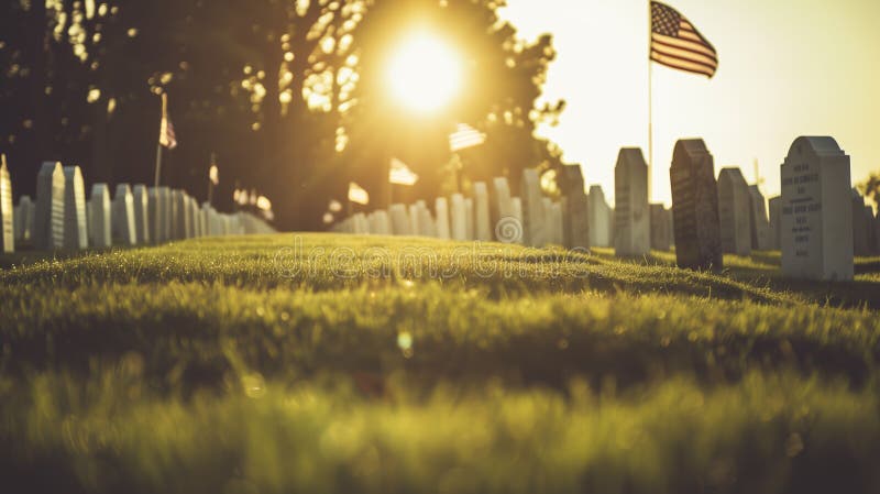 Sun Setting Behind Cemetery with American Flag, Casting Golden Light ...