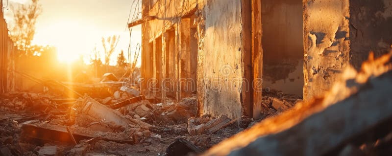 Sun Setting Behind Collapsing Building Ruins Stock Illustration ...