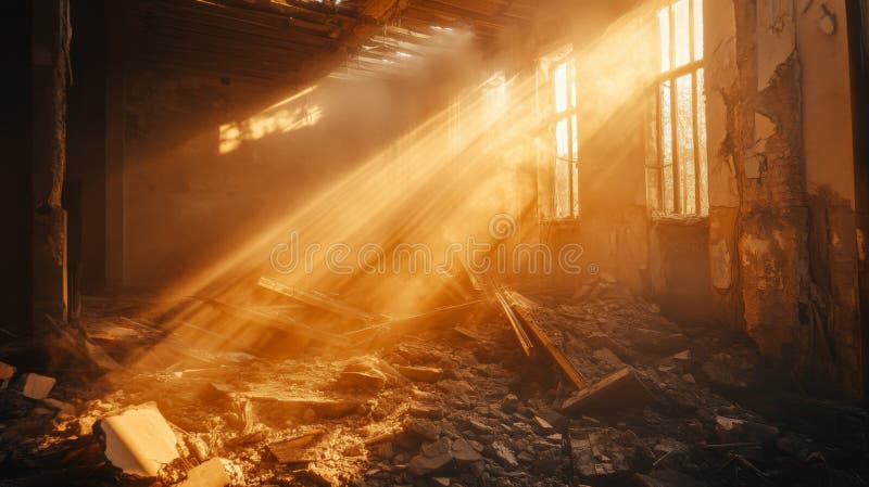 Sun Setting Behind Collapsing Building Ruins Stock Illustration ...