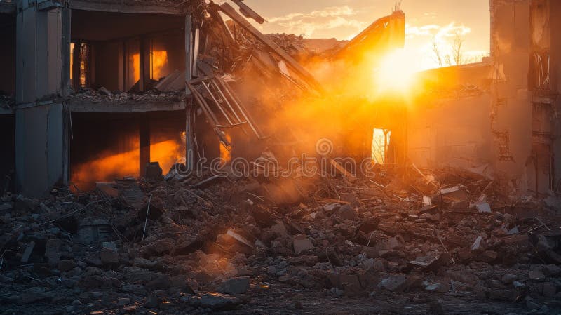 Sun Setting Behind Collapsing Building Ruins Stock Illustration ...