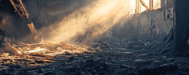 Sun Setting Behind Collapsing Building Ruins Stock Illustration ...