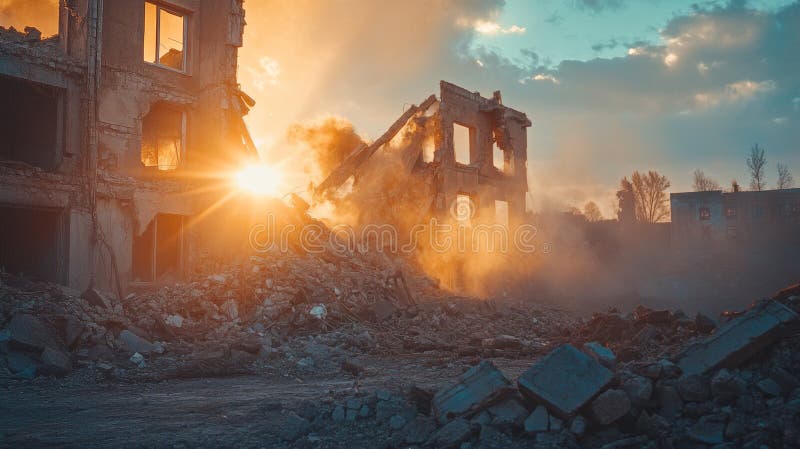 Sun Setting Behind Collapsing Building Ruins Stock Illustration ...