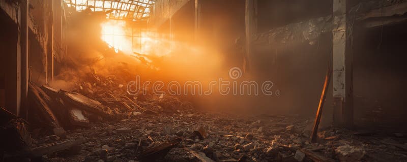 Sun Setting Behind Collapsing Building Ruins Stock Illustration ...