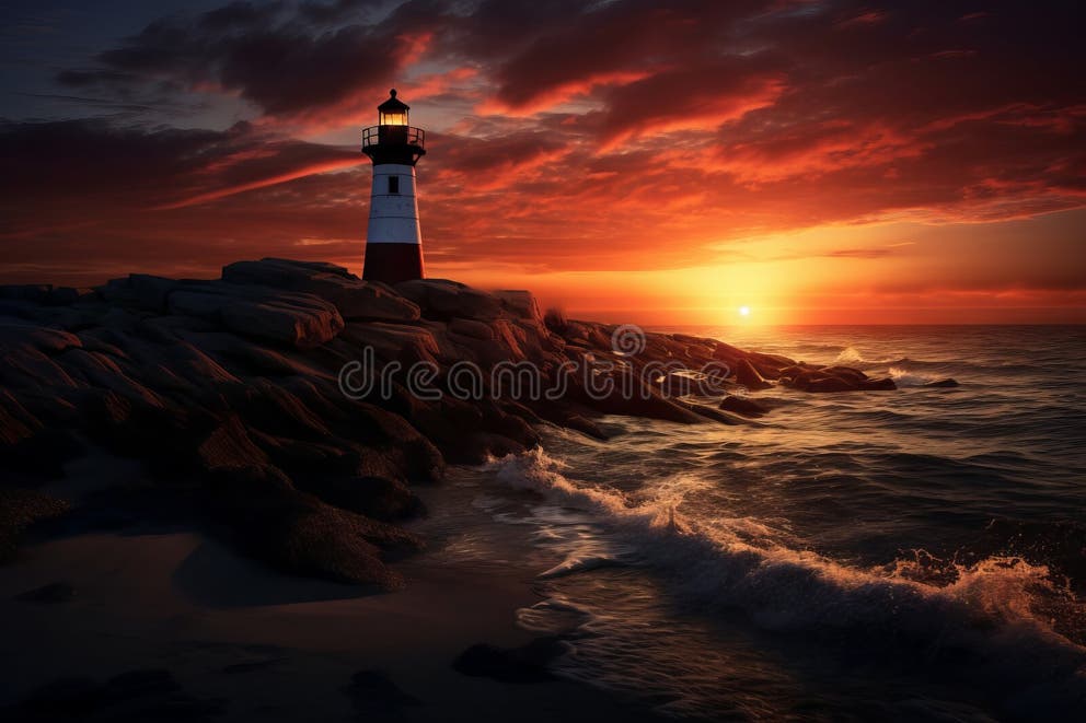The Sun Setting Behind a Distant Lighthouse Stock Illustration ...