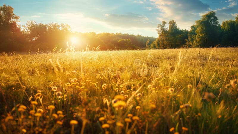 Grass field sunset view stock photo. Image of sunset - 315051336
