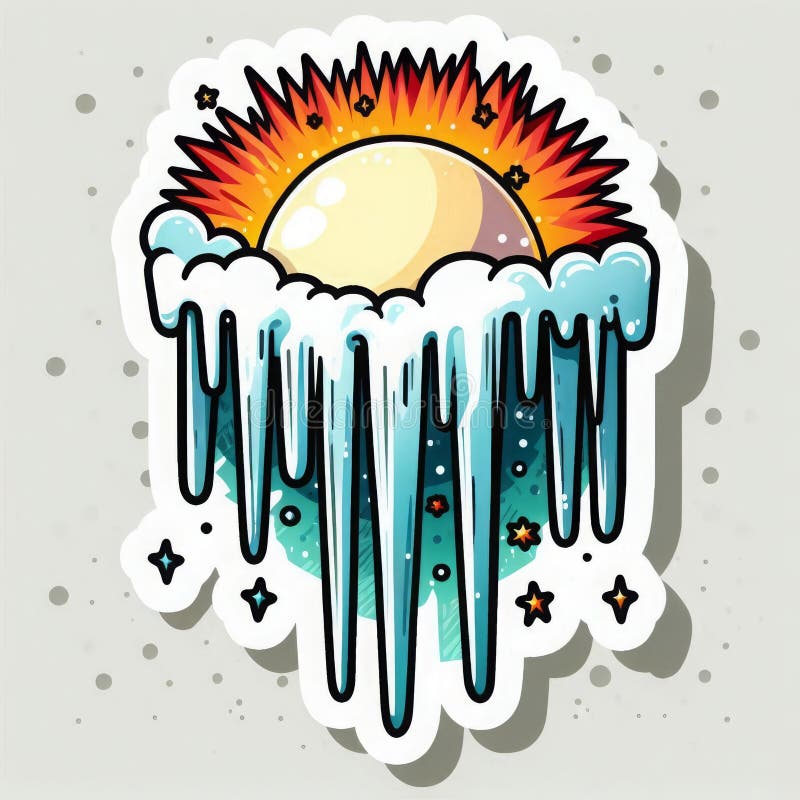 Sun Setting Behind Icy Clouds with Dripping Icicles and Stars Stock ...