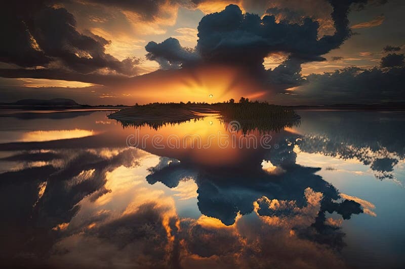 A Sun Setting Behind a Lake, Casting Reflections of the Sky and Clouds ...