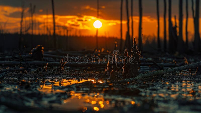 The Sun Setting Behind a Landscape of Dead and Decaying Trees a Result ...
