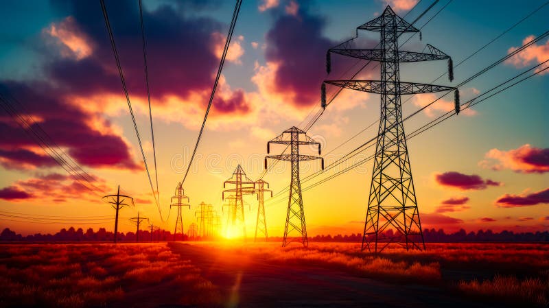 The Sun is Setting Behind Line of Power Lines in Rural Area. Generative ...