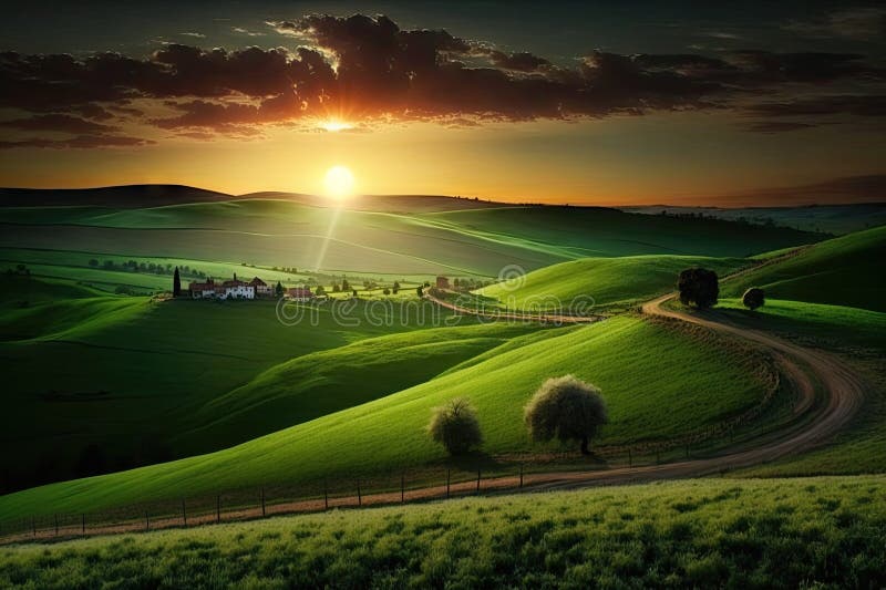Sun is Setting Behind Lush Green Fields and Rolling Hills Stock ...
