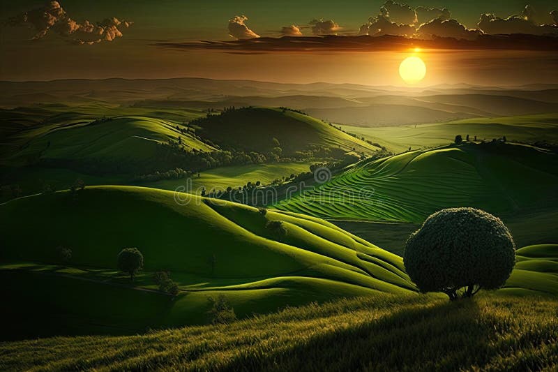 Sun is Setting Behind Lush Green Fields and Rolling Hills Stock ...