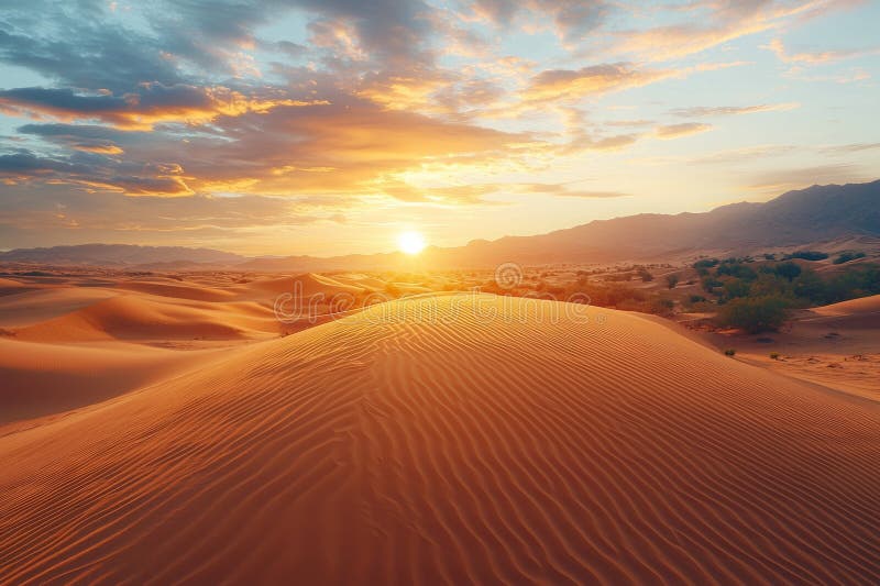 Sun Setting Behind Mountain Range Illuminating Desert Sand Dunes Stock ...