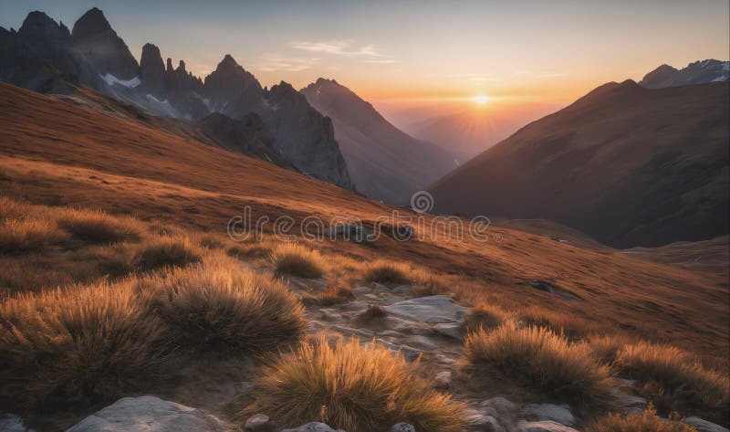 A Path Winds through a Grassy Valley in the Mountains at Sunset Stock ...