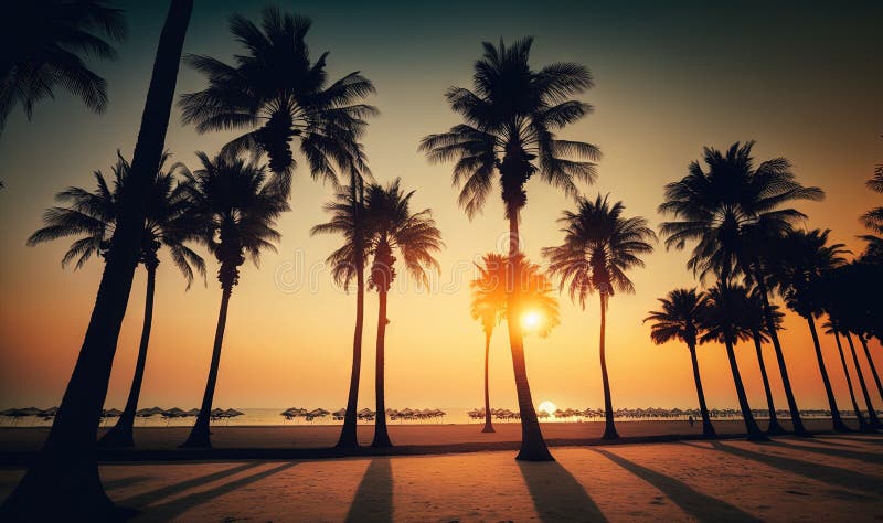 The Sun is Setting Behind a Row of Palm Trees on the Beach Stock ...