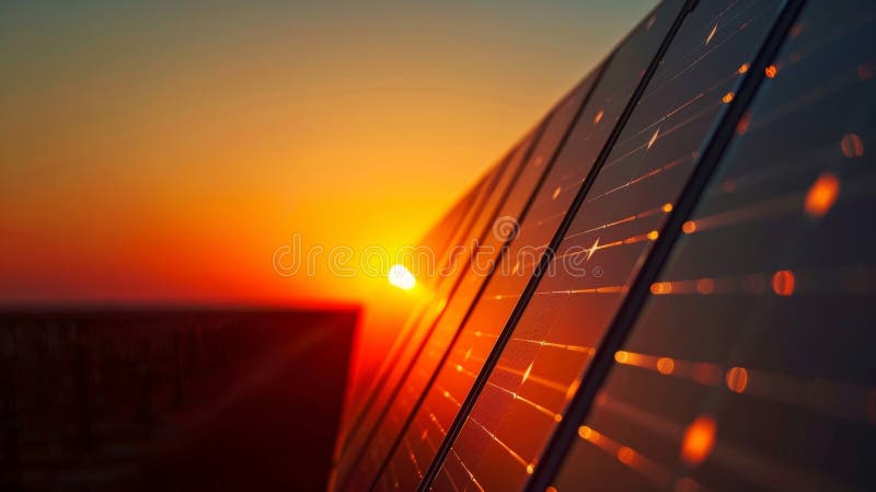 The Sun Setting Behind a Row of Solar Panels Casting a Warm Orange Glow ...