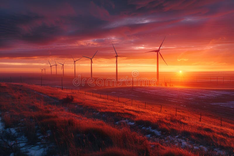 Sun Setting Behind a Row of Wind Turbines, Suitable for Energy or ...