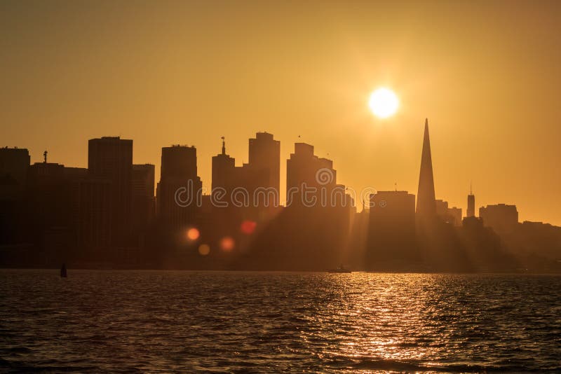Sun Setting Behind San Francisco Skyline Casts Golden Shadows Stock ...