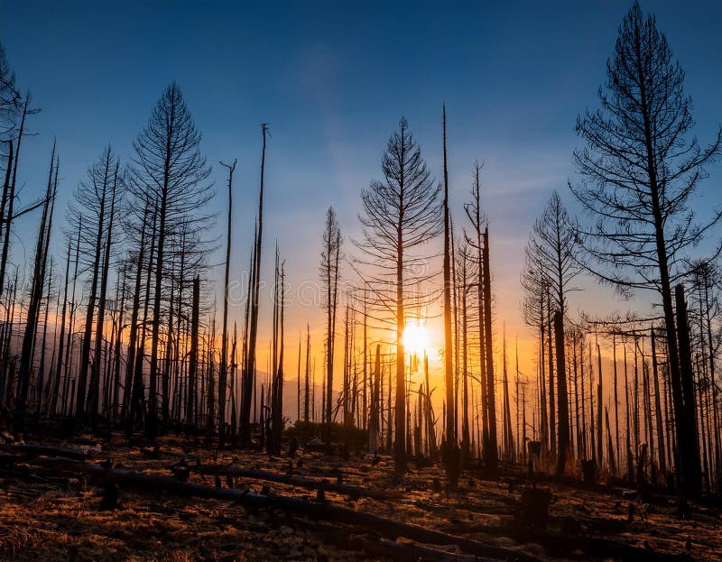 Sun Setting Behind a Silhouette of Burnt Trees, Reflecting the Despair ...