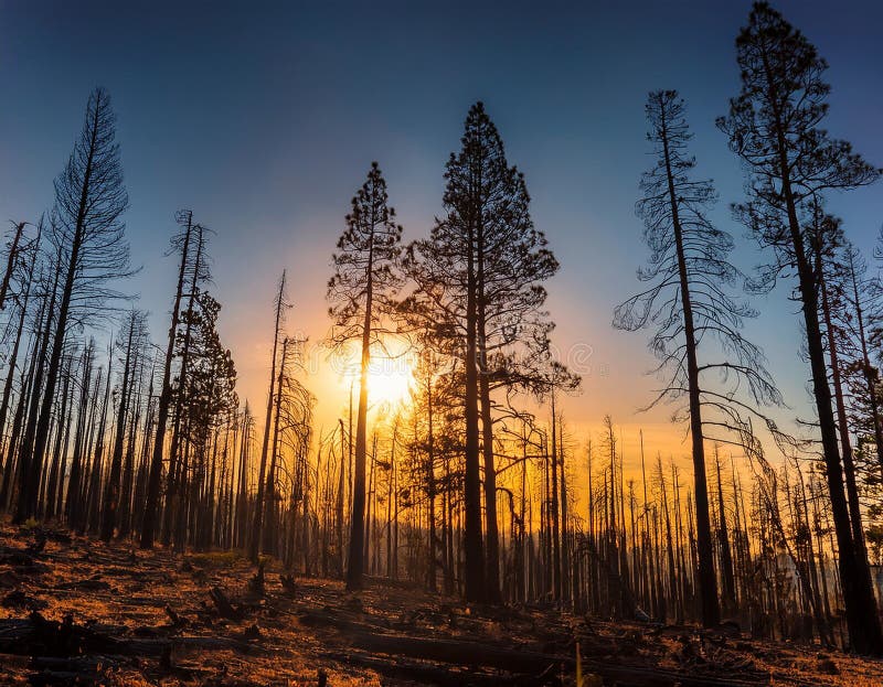 Sun Setting Behind a Silhouette of Burnt Trees, Reflecting the Despair ...