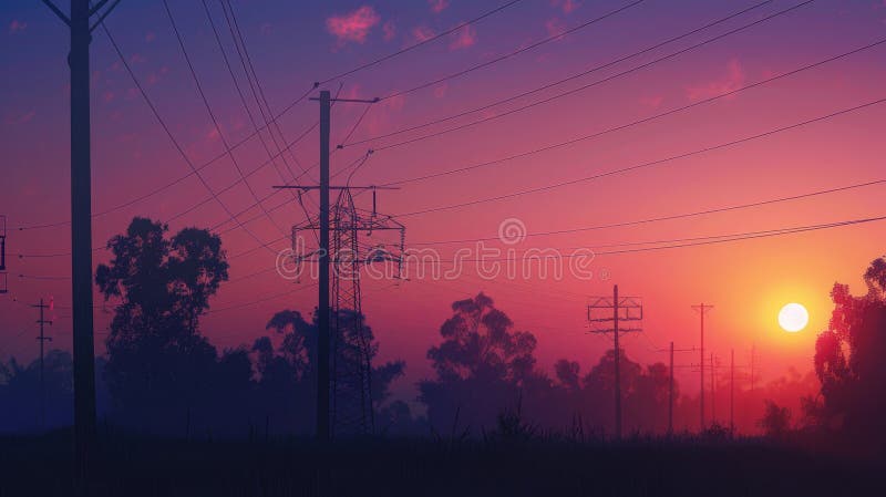 Sun Setting Behind Silhouetted Power Lines. Suitable for Energy or ...