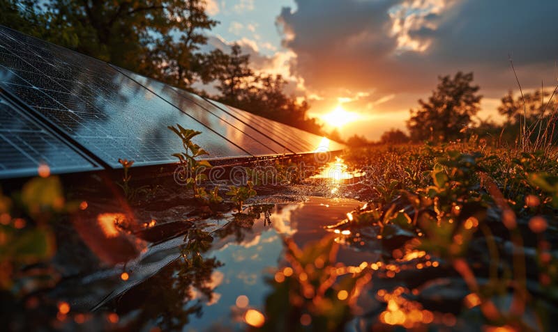 Sun Setting Behind Solar Panel. Generative AI Stock Image - Image of ...