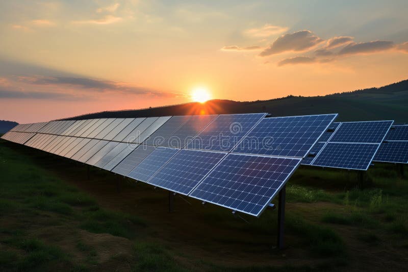 Sun Setting Behind Solar Panels on Farms Hillside Stock Image - Image ...