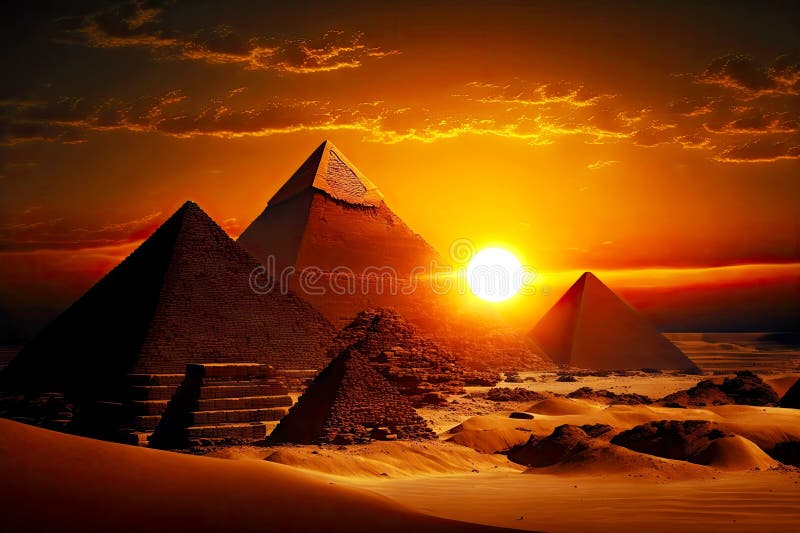 Sun Setting Behind Tall Ancient Egyptian Pyramids Stock Illustration ...