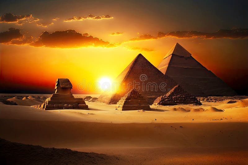 Sun Setting Behind Tall Ancient Egyptian Pyramids Stock Illustration ...