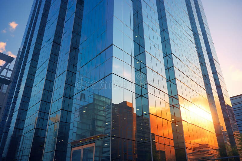 The Sun is Setting Behind a Tall Glass Building. Generative AI Image ...