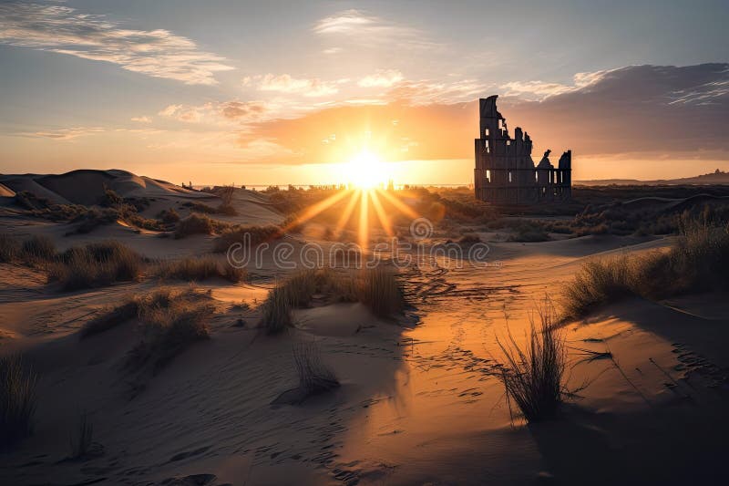 Sun Setting Behind Towering Ruins, with Rolling Dunes in the Background ...