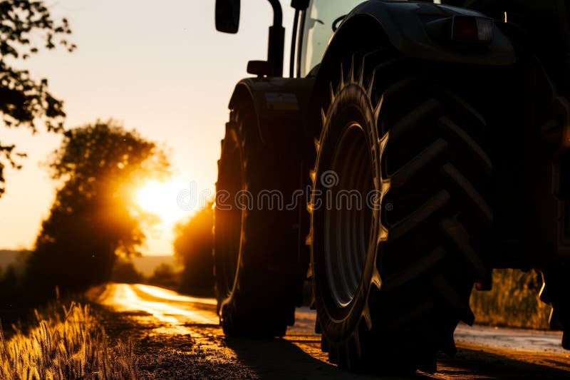 Sun Setting Behind a Tractor, Focused on the Silhouette of Its Tires ...