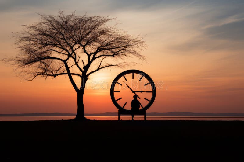The Sun is Setting Behind a Tree with a Clock on it Stock Illustration ...