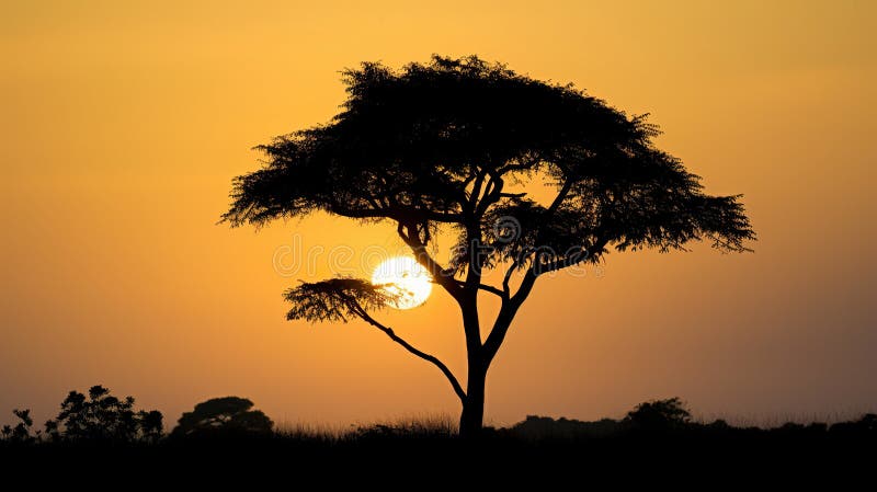 The Sun is Setting Behind a Tree in a Field. AI Generative Image Stock ...