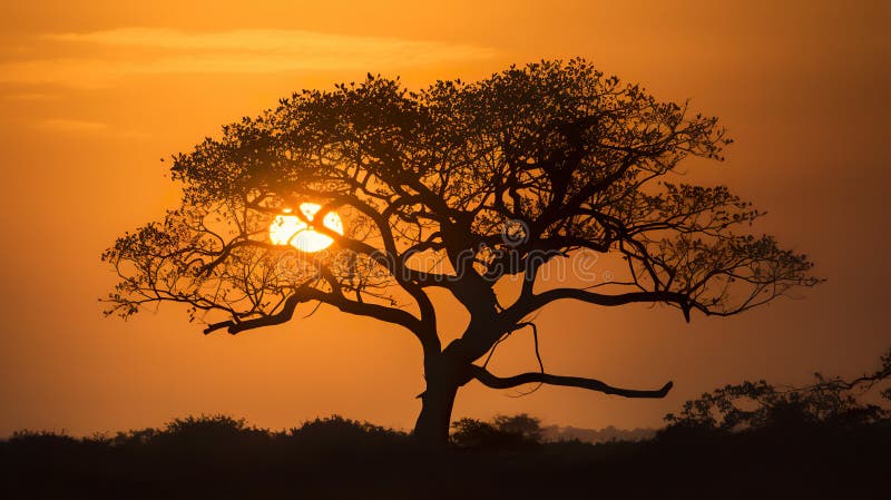 The Sun is Setting Behind a Tree in a Field. AI Generative Image Stock ...