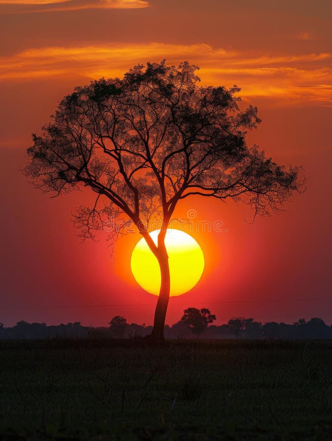 Sun Setting Behind Tree in Field Stock Illustration - Illustration of ...