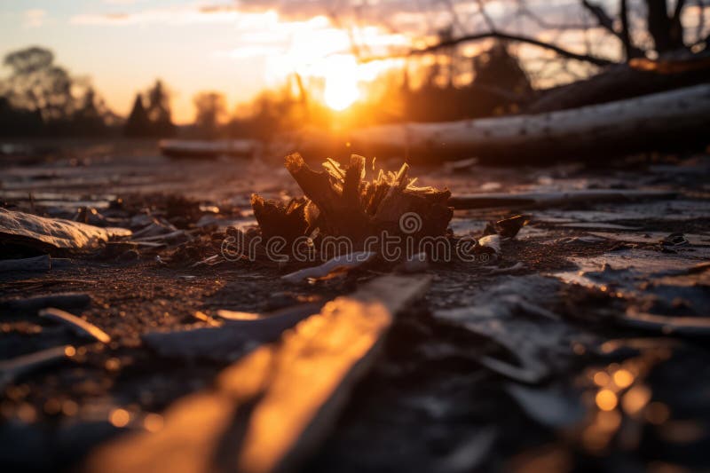 The Sun is Setting Behind a Tree Stump in the Middle of a Field Stock ...