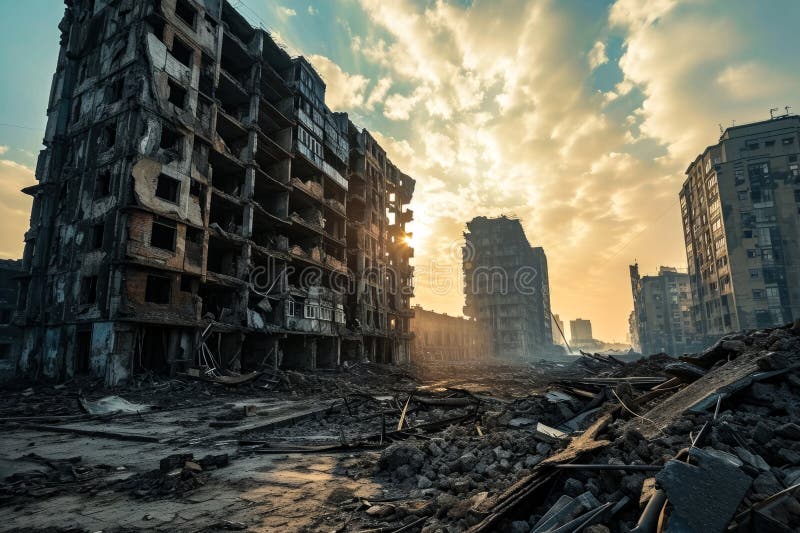 A Haunting Scene of a Destroyed Building in a City, Illuminated by the ...