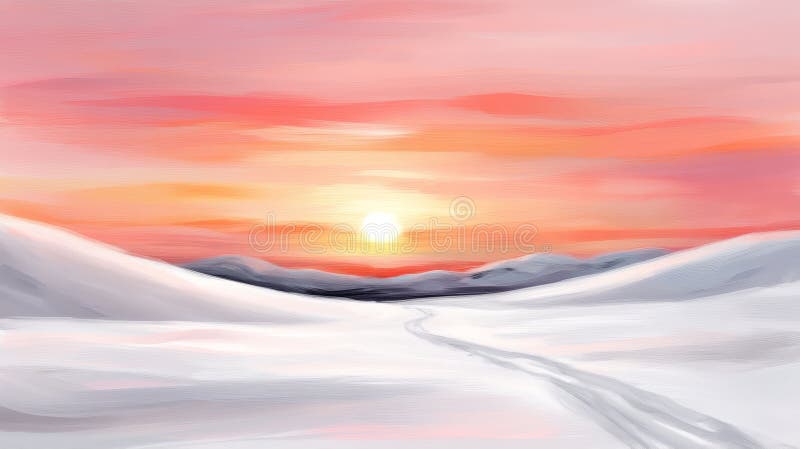 Sun Setting Distance, Hills Foreground - Snow Covered Ground Stock ...