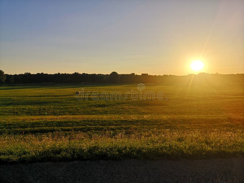 Sun Setting Down on Green Field Stock Image - Image of green, field ...